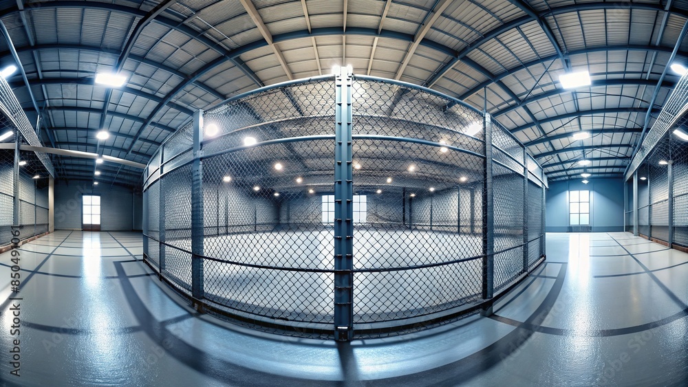 360 degree virtual environment of MMA cage in industrial hall render ...