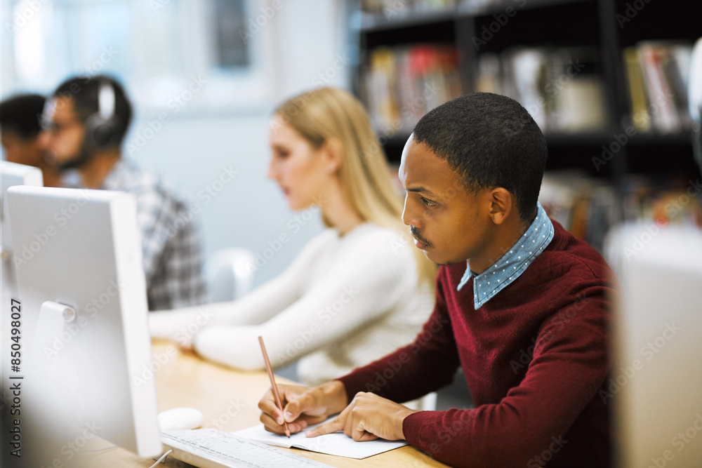 Writing, notes and college student at computer in library for ...