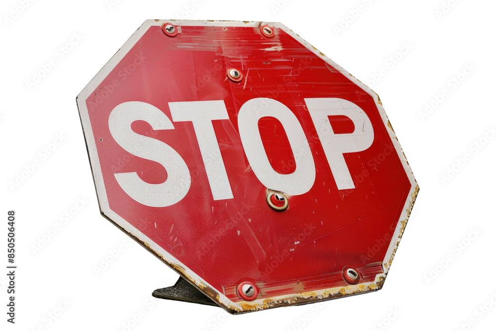 A worn and weathered red STOP sign isolated on a transparent background ...