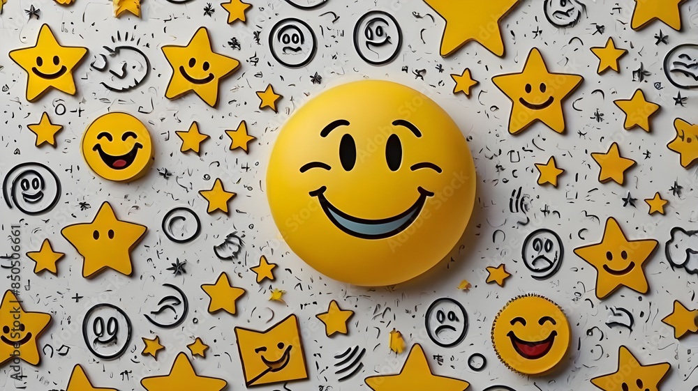Smiley face surrounded by positive symbols, thumbs-up gestures, stars ...