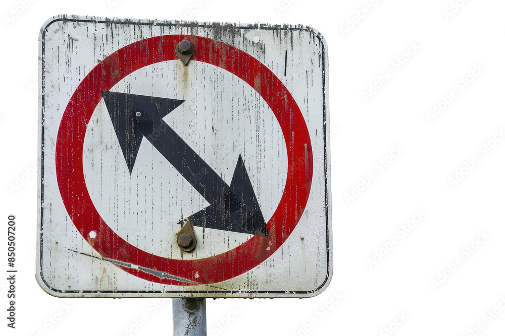 Old and weathered traffic sign indicating prohibited left and right ...