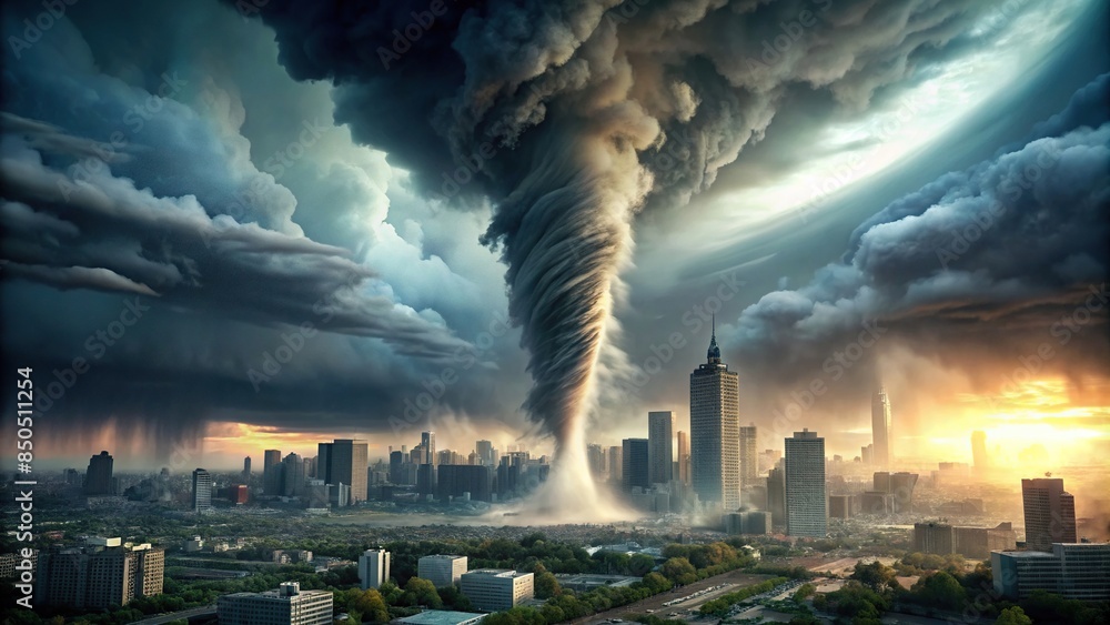 Devastating tornado engulfing city , destruction, natural disaster ...