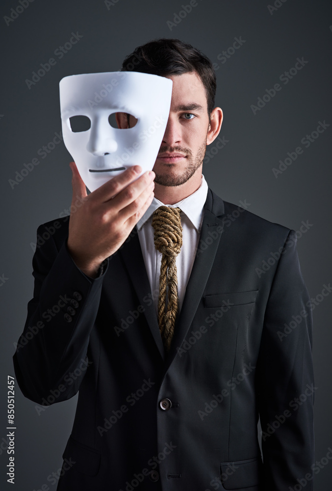 Portrait, business man and confidential mask of spy in studio isolated ...