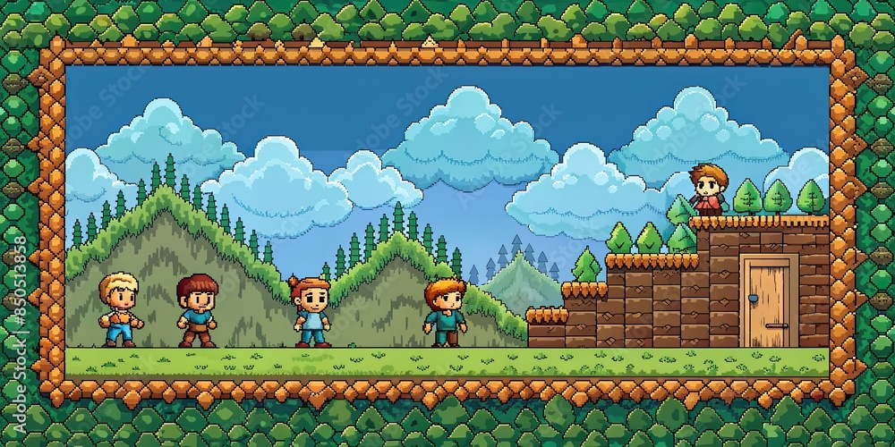 Adventure game screen with retro 8-bit pixel art design, video game ...