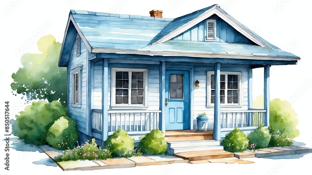 small cute blue house watercolor painting front facade exterior on ...