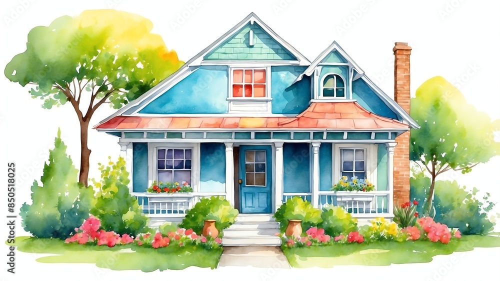 small cute colorful house watercolor painting front facade exterior on ...