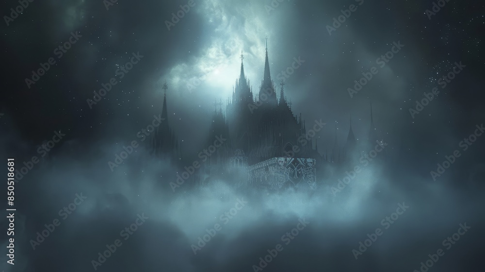 Translucent mist and starry night sky frame a grand cathedral's ...