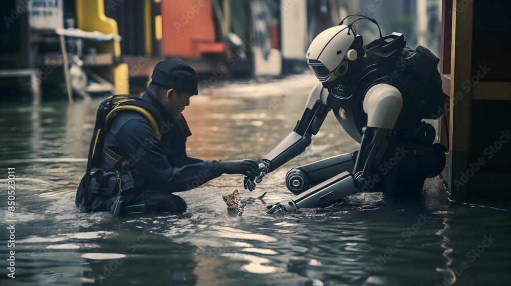 High tech flood rescue team: male civil servant & humanoid robot save a ...