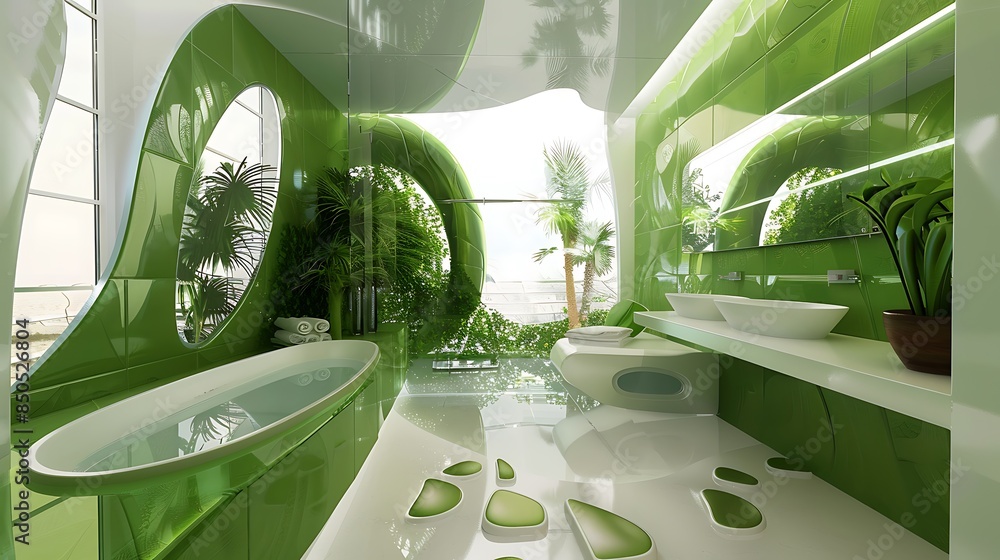 Lavatory interior design architecture in green and white style with ...