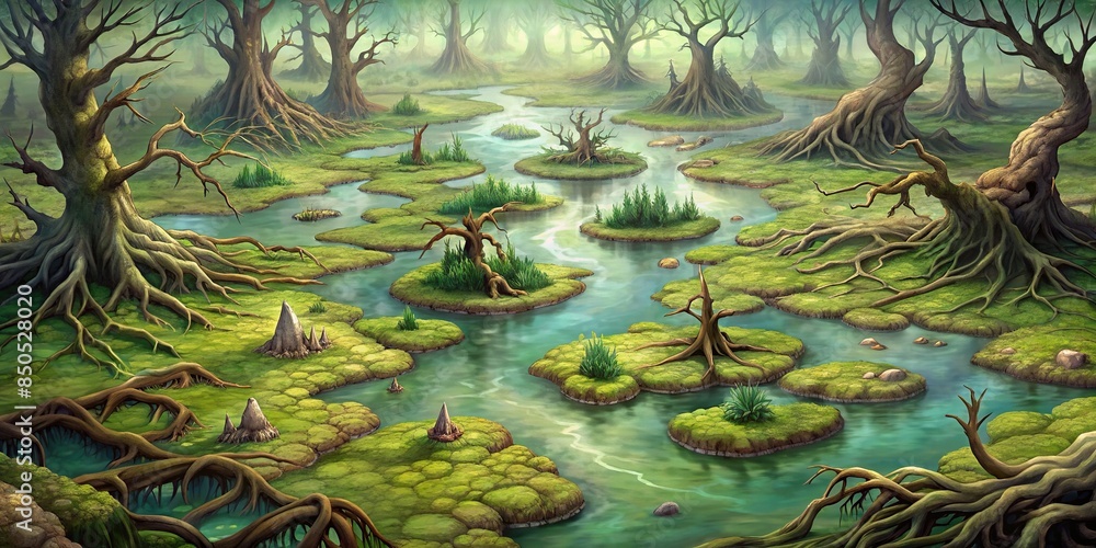 Swamp battlemap for DnD featuring murky waters, tangled roots, and ...