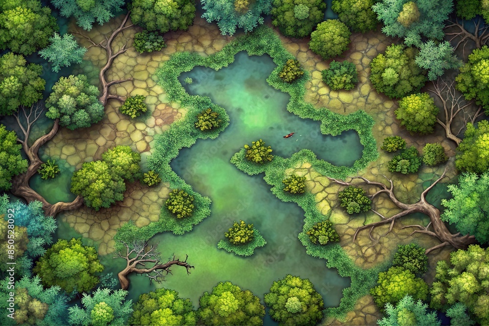 Swamp battlemap for DnD with murky waters, overgrown trees, and hidden ...