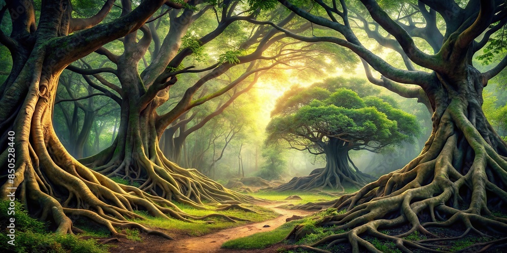 Twisted, gnarly tree roots and branches in an enchanted forest ...