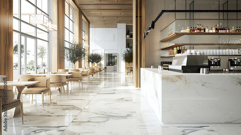 Light wooden and marble tile floor interior of modern cafe with double ...