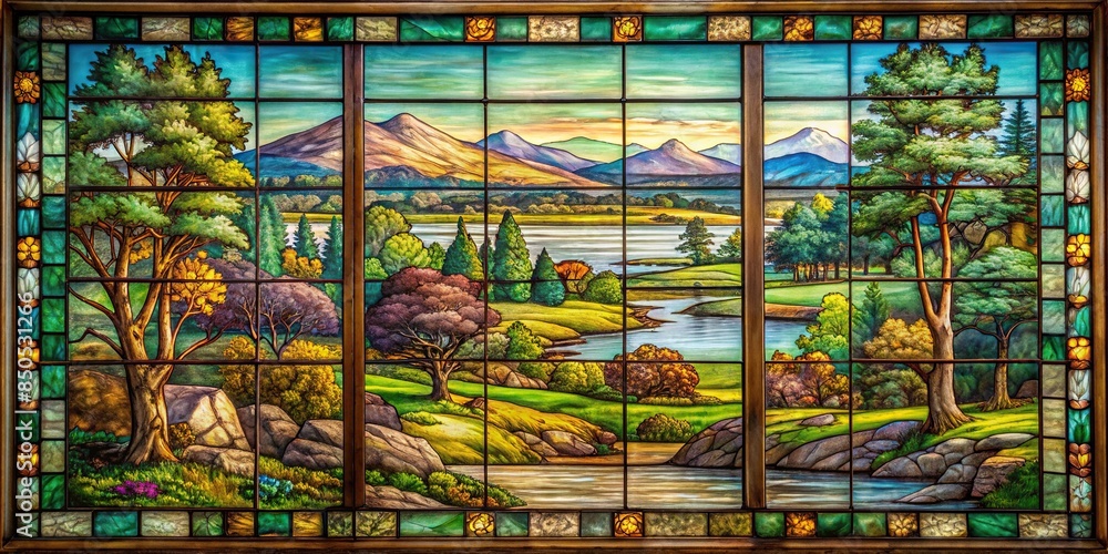 Stained glass window depicting a 19th century American landscape ...