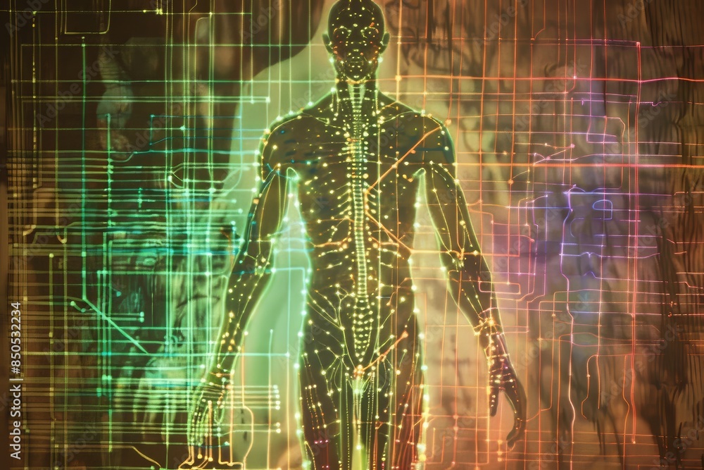 Enlarged view of the interior of the body, body contour, luminous ...