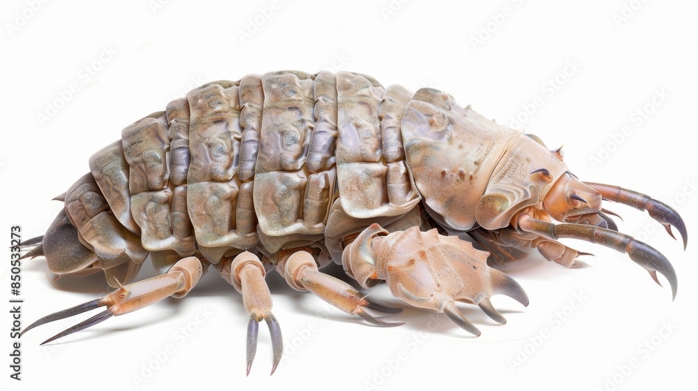 Giant isopod crawling on a white background showing its segmented ...