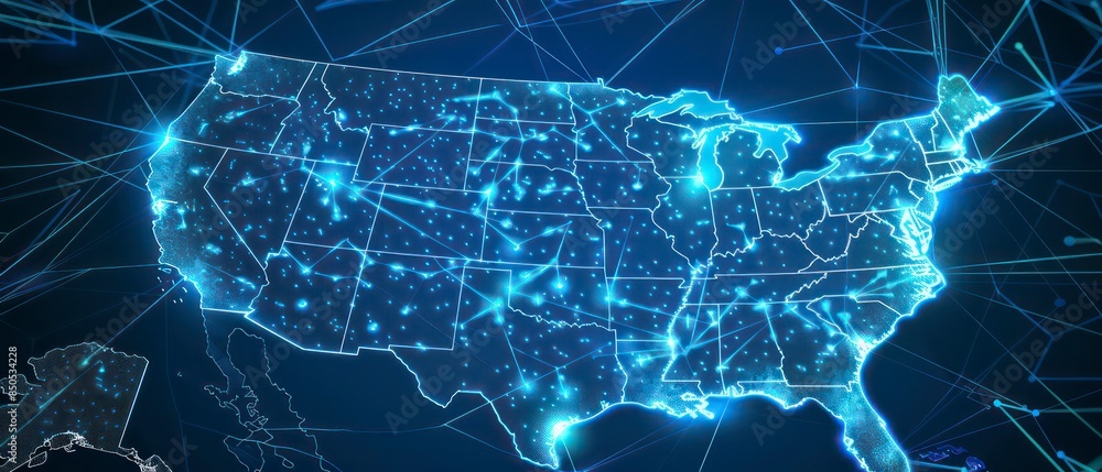 A modern US map showcasing glowing blue lines that intricately connect ...