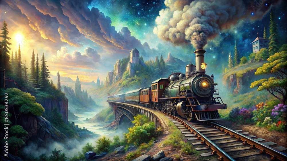 Imaginative concept art of a train travel adventure in a fantastical ...