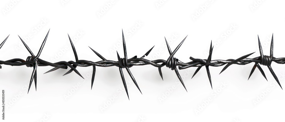 jagged barbed wire, starkly contrasted against a plain white background ...