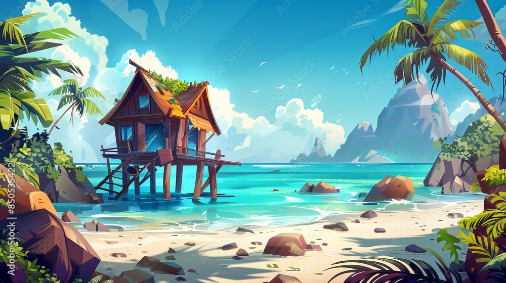 Tropical beach with a small wooden house on stilts, surrounded by palm ...