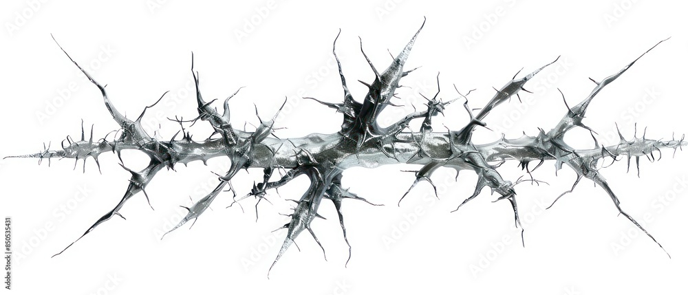 jagged barbed wire, starkly contrasted against a plain white background ...