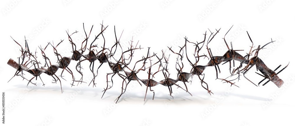 jagged barbed wire, starkly contrasted against a plain white background ...