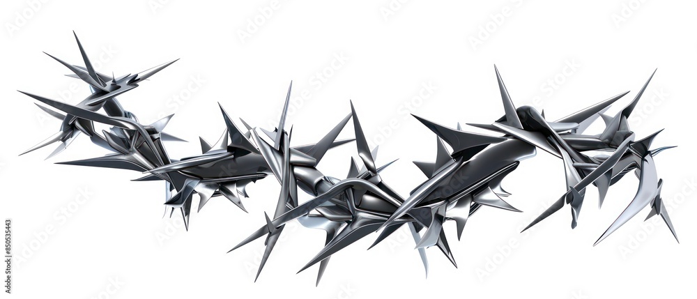 jagged barbed wire, starkly contrasted against a plain white background ...