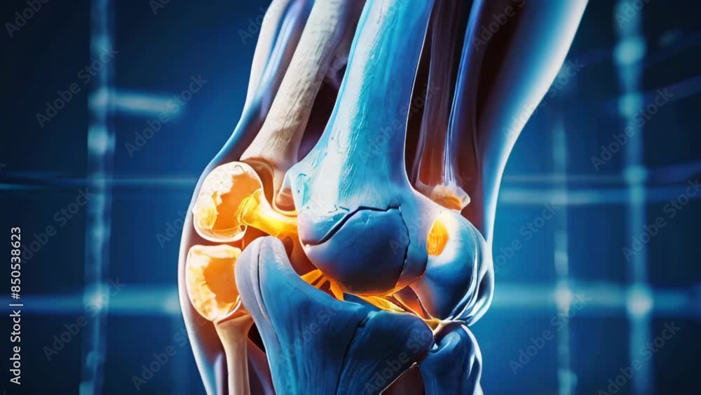 knee joint pain. bones and cartilage with bright yellow highlights on ...