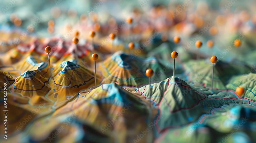 Pins on a geographic map curved like mountains pinning a location on a ...