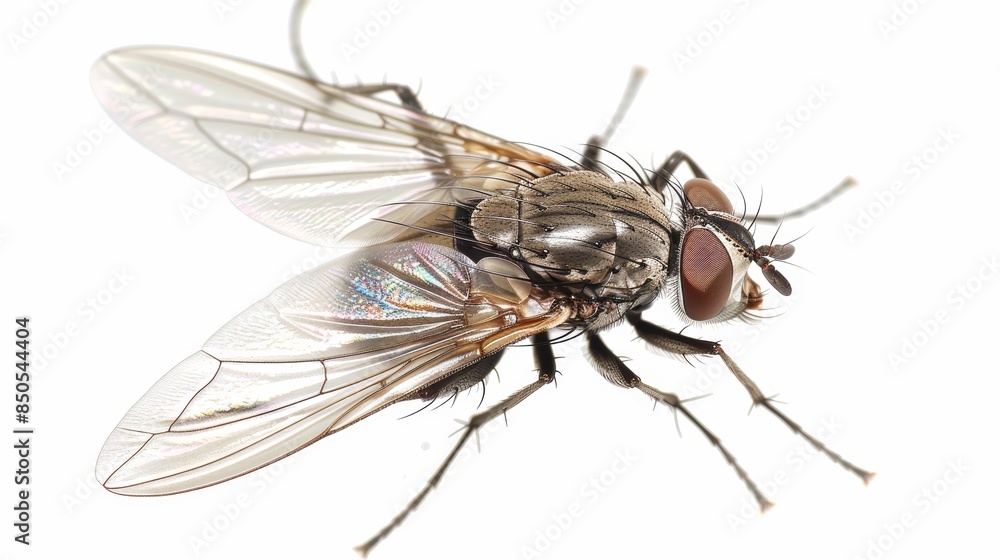 House fly spreads its wings on a white background, showing its hairy ...