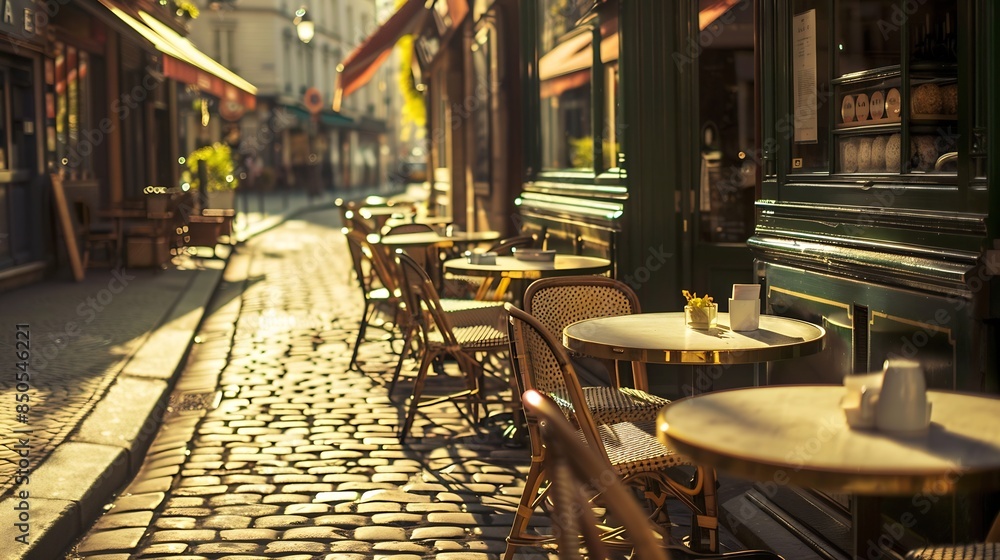 Typical view of the Parisian street with tables of brasserie cafe in ...
