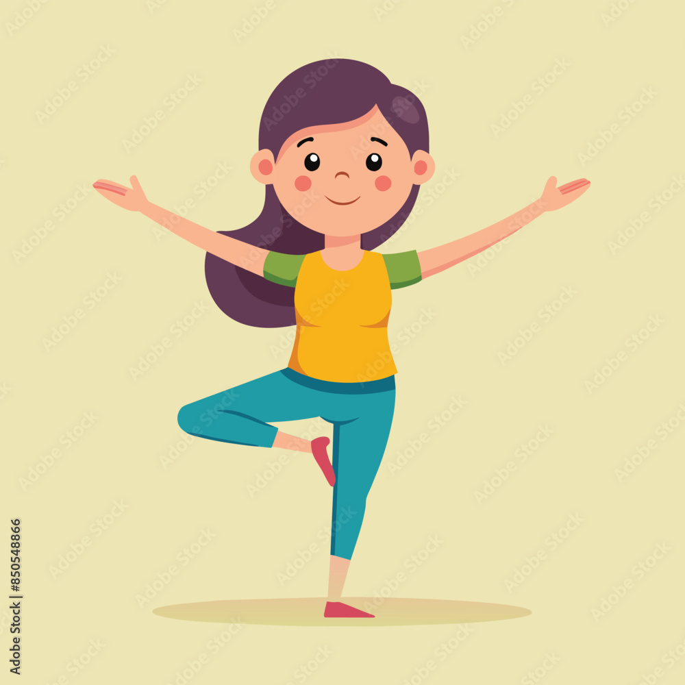 A cartoon illustration of a young woman with long, dark hair practicing ...
