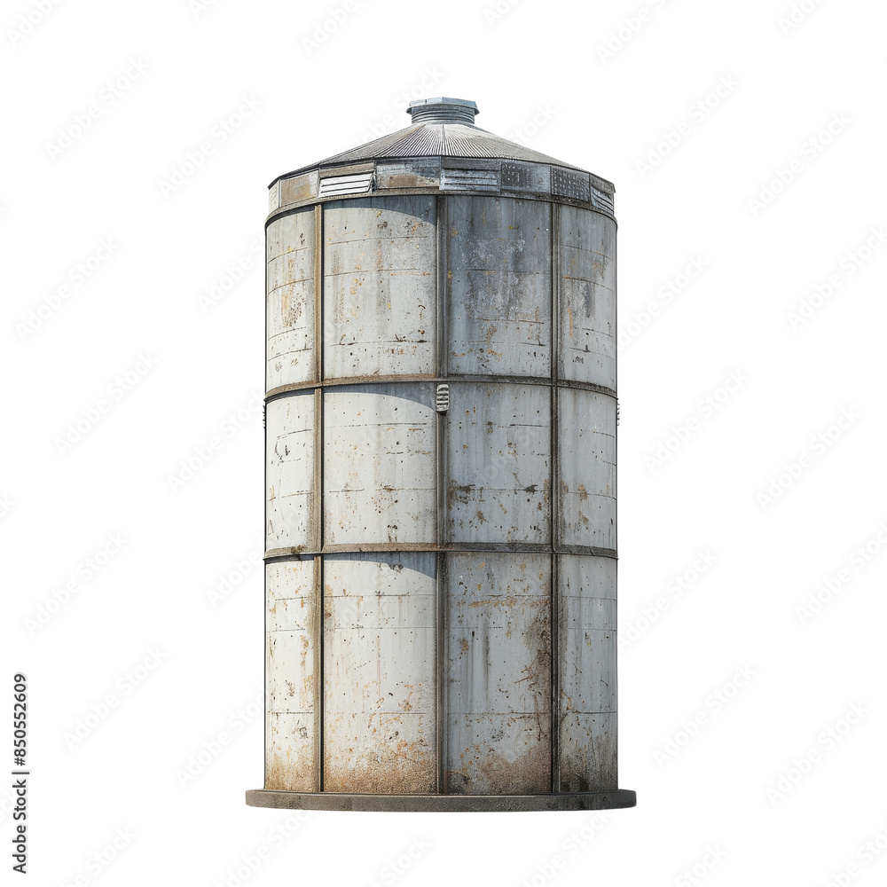 Isolated old industrial metal storage silo tank with rust and wear for ...