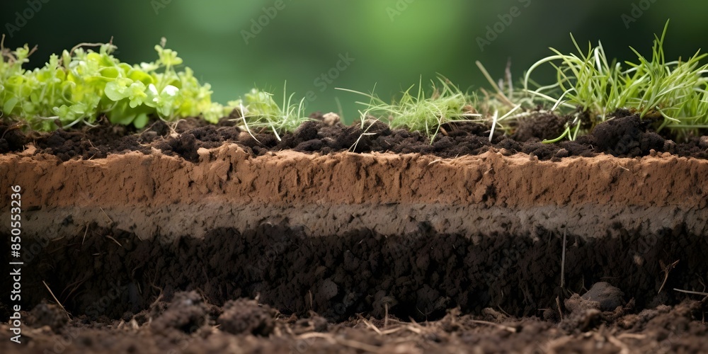 Crosssection of soil layers showing topsoil subsoil and grass roots for ...