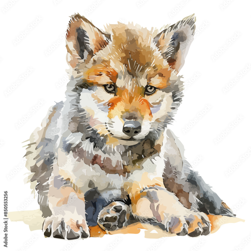 Watercolor painting of a wolf cub, isolated on a white background, wolf ...