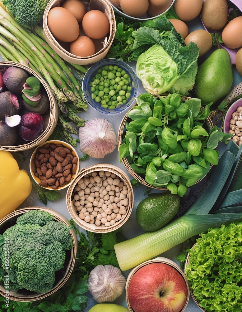 flat lay of various healthy food ingredients including fresh fruits ...