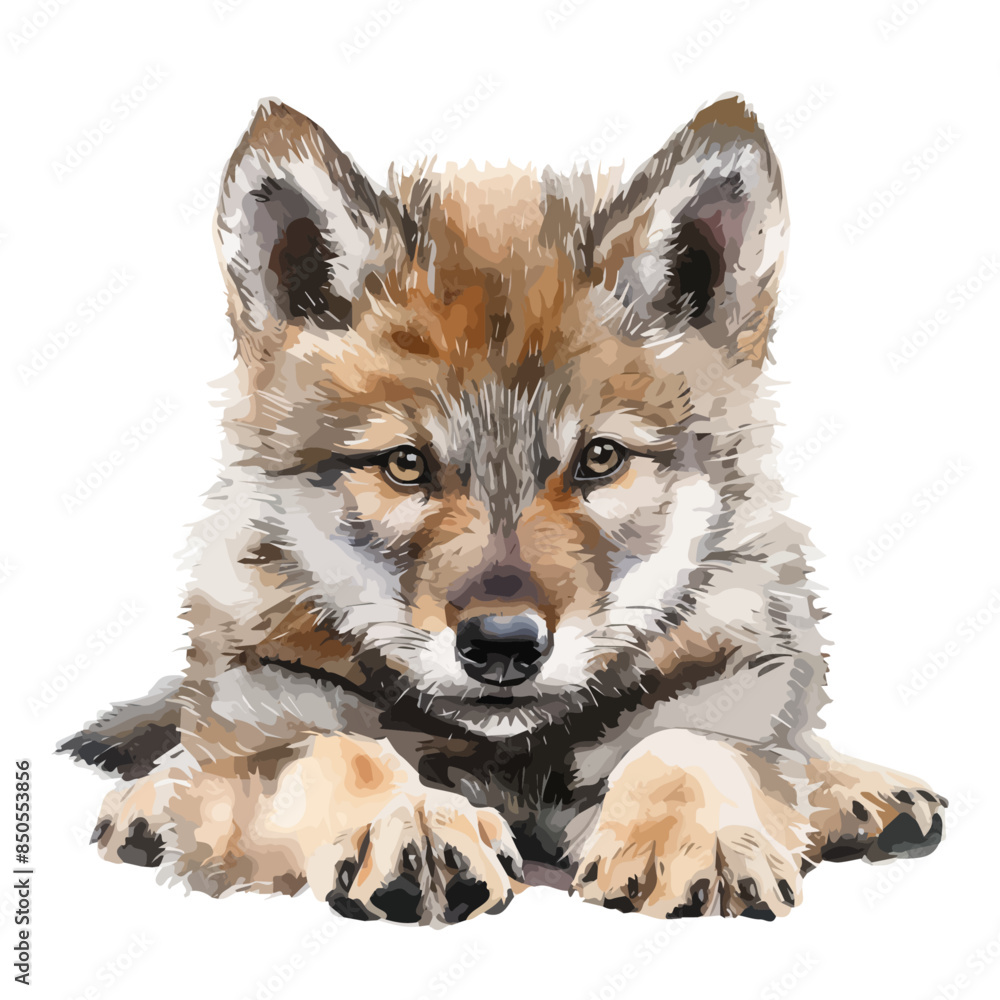 Watercolor Vector painting of a wolf cub, isolated on a white ...