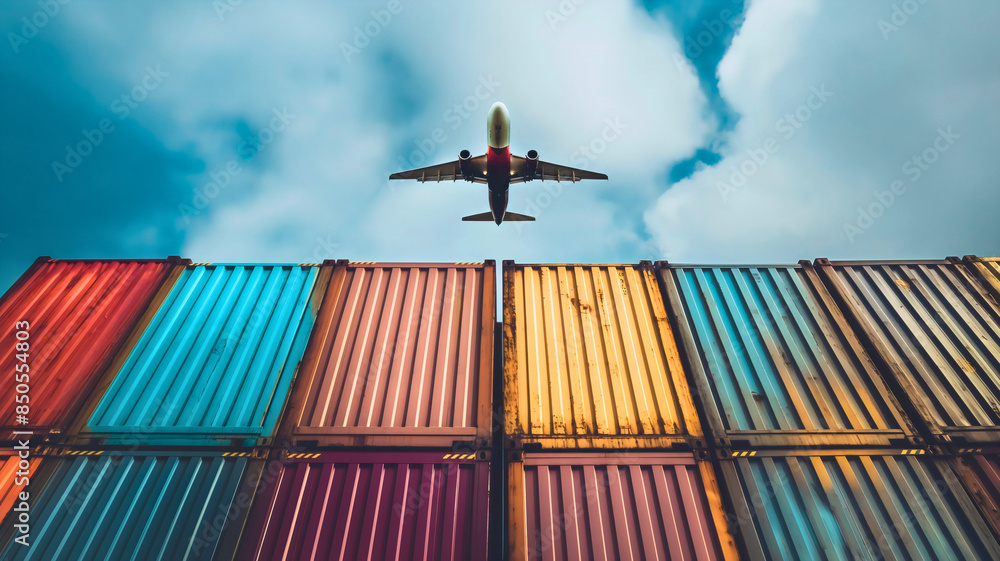 Airplane flying above the colorful containers. Freight or cargo ...