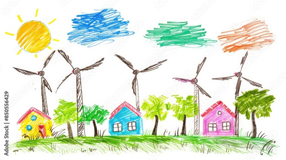 Pencil drawn art by child, naive kids illustration of wind turbines ...
