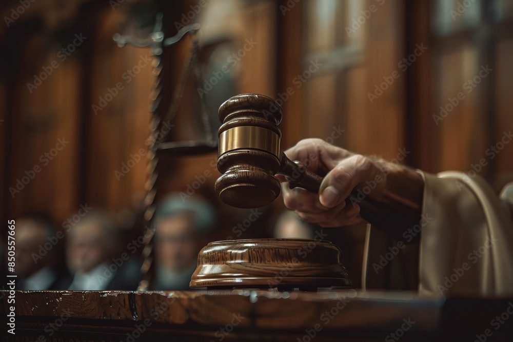 A judge holds a gavel in a courtroom. Focus is on the hand and gavel ...