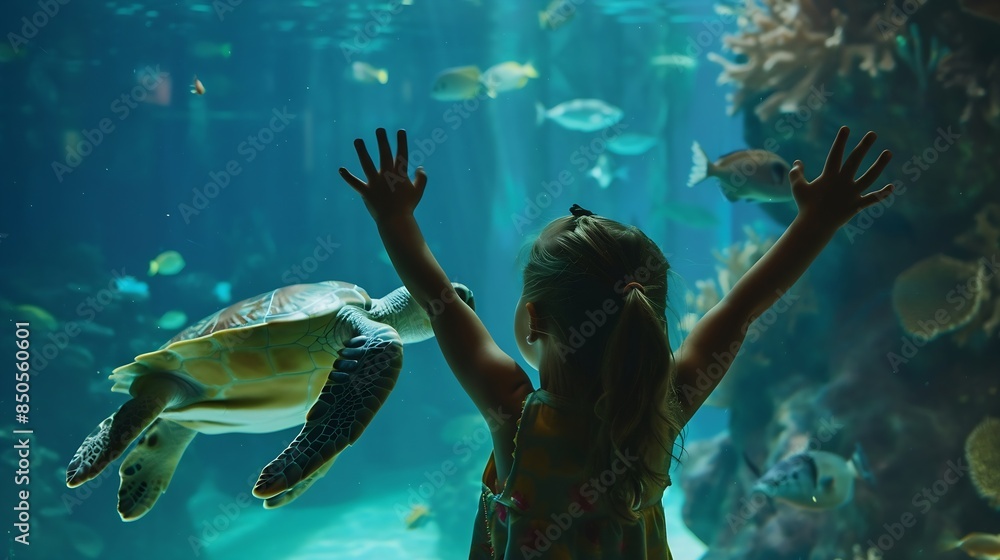 little girl at aquarium watching sea turtle swimming in tank curious ...