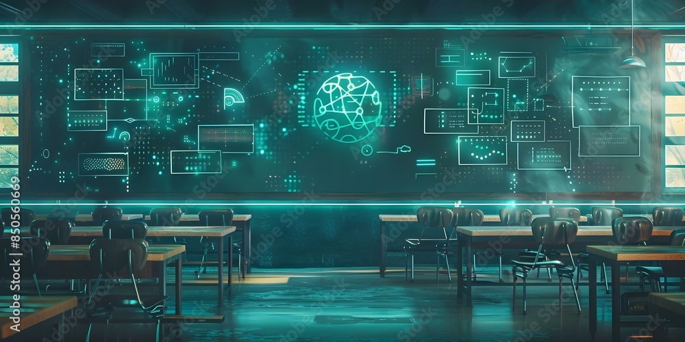 Futuristic classroom with AR technology projected on electronic blackboard for interactive ...
