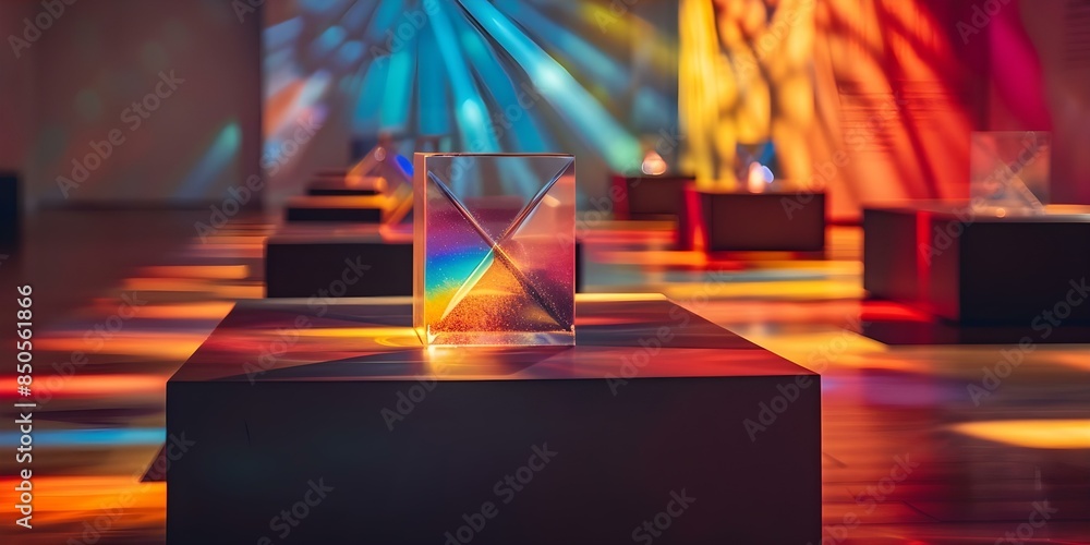 Interactive exhibit demonstrating refraction and reflection of light through prism dispersion ...