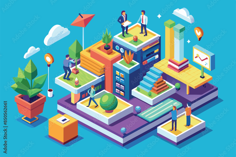 Isometric illustration showing a city with multiple buildings, plants ...