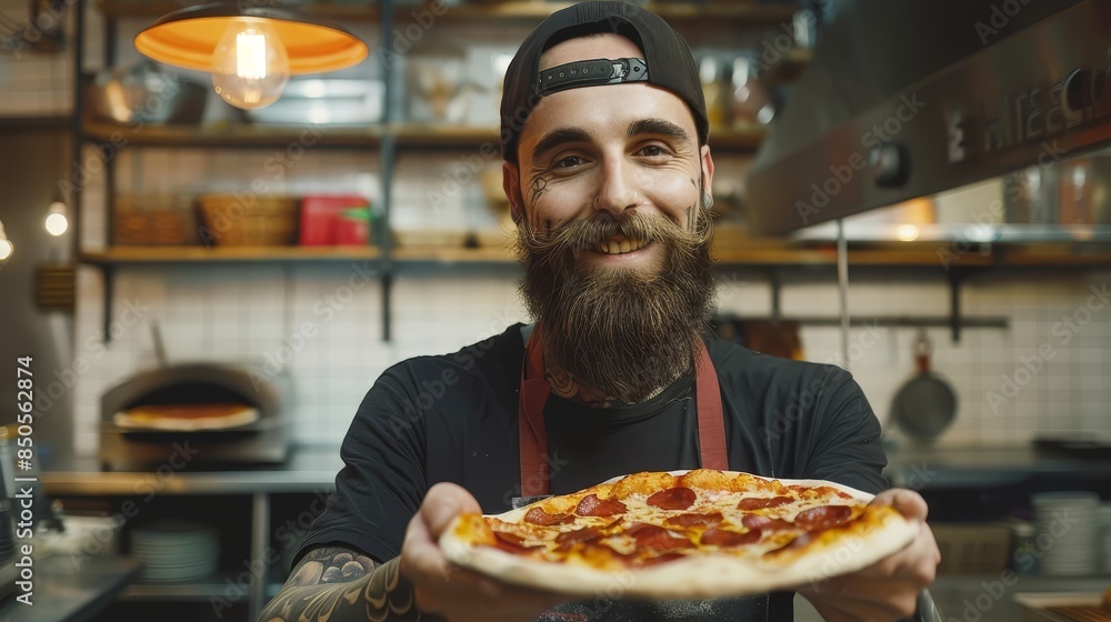ภาพประกอบสต็อก Happy chef with pizza in a commercial kitchen - A jovial ...