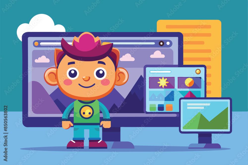 Cartoon illustration of a boy using a customizable image viewer program ...