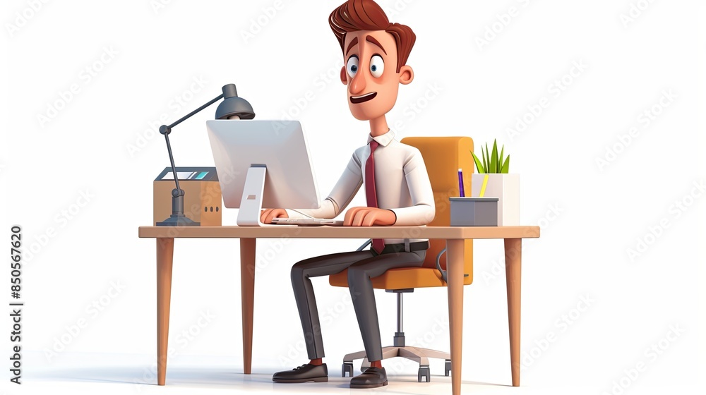 Career worker working at office desk, 3d cartoon vector illustration ...