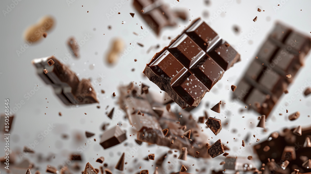 Chocolate bar wafer with chocolate flakes, falling and isolated on a ...