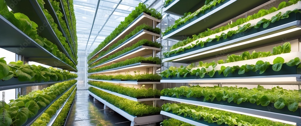 Modern vertical farm with lush, green plants growing on stacked shelves ...
