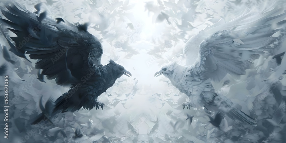 Digital art depicting a battle between an archangel and devil of crows ...